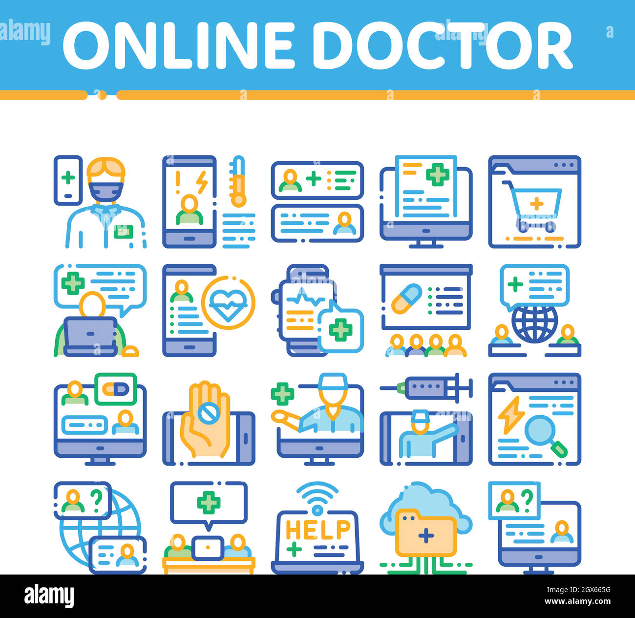 Online Doctor Advice Collection Icons Set Vector Stock Vector Image ...