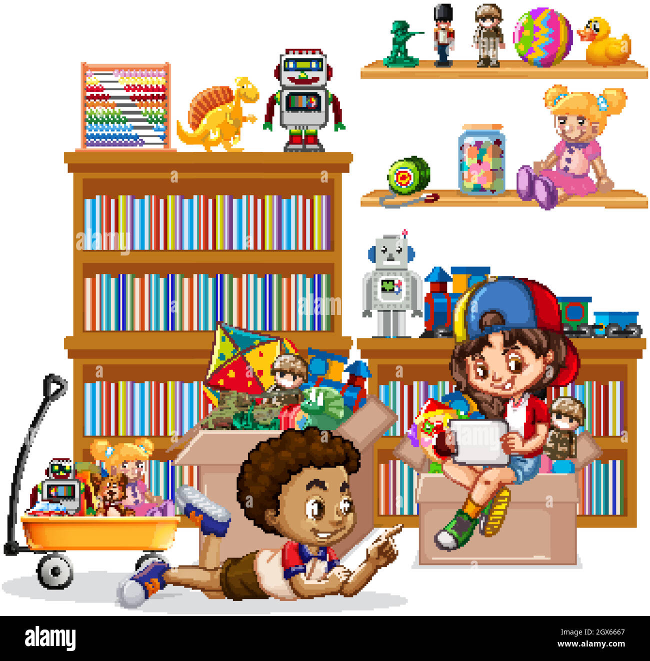 Shelf full of books and toys on white background Stock Vector Image ...