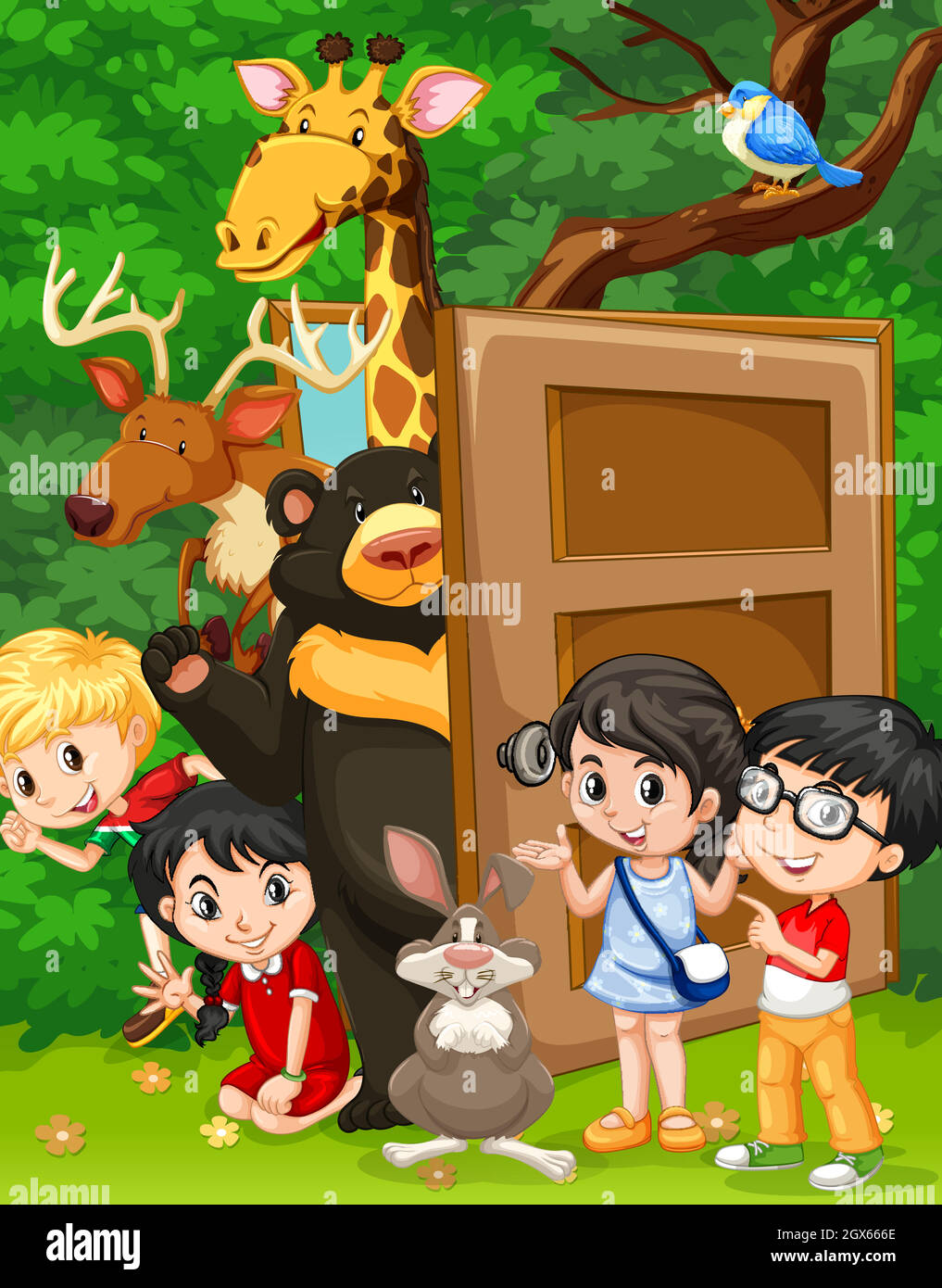 Children and wild animals in jungle Stock Vector Image & Art - Alamy