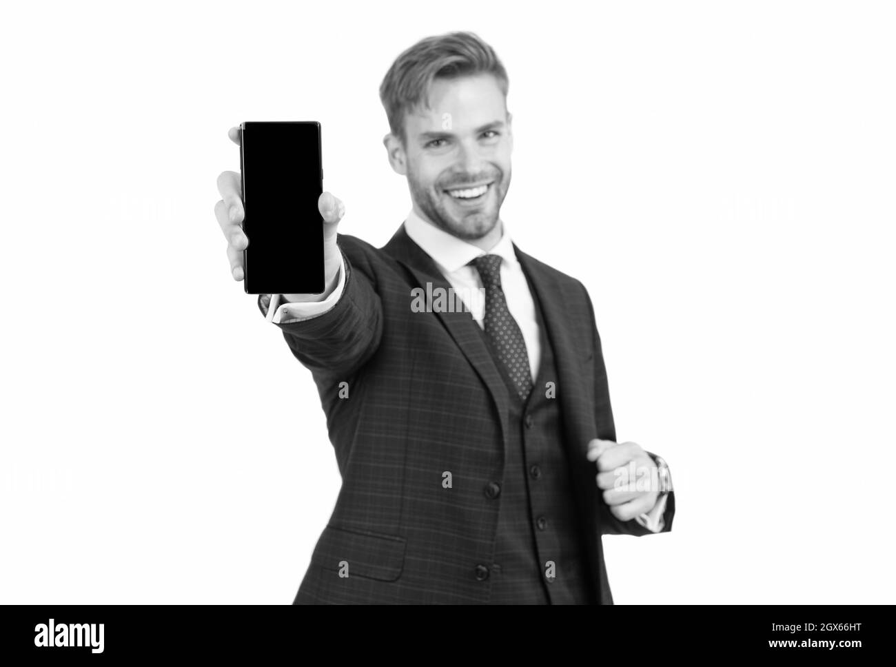 Happy lawyer in formal style hold modern phone mobile device isolated ...
