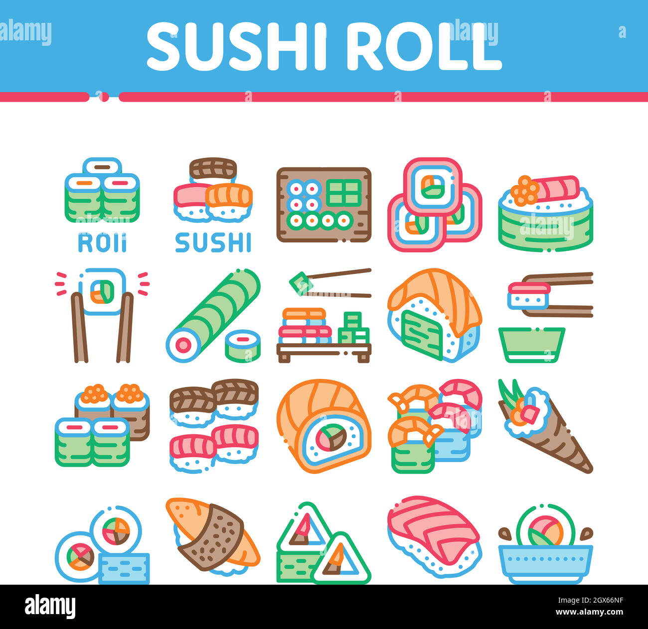 Sushi Roll Asian Dish Collection Icons Set Vector Stock Vector Image ...