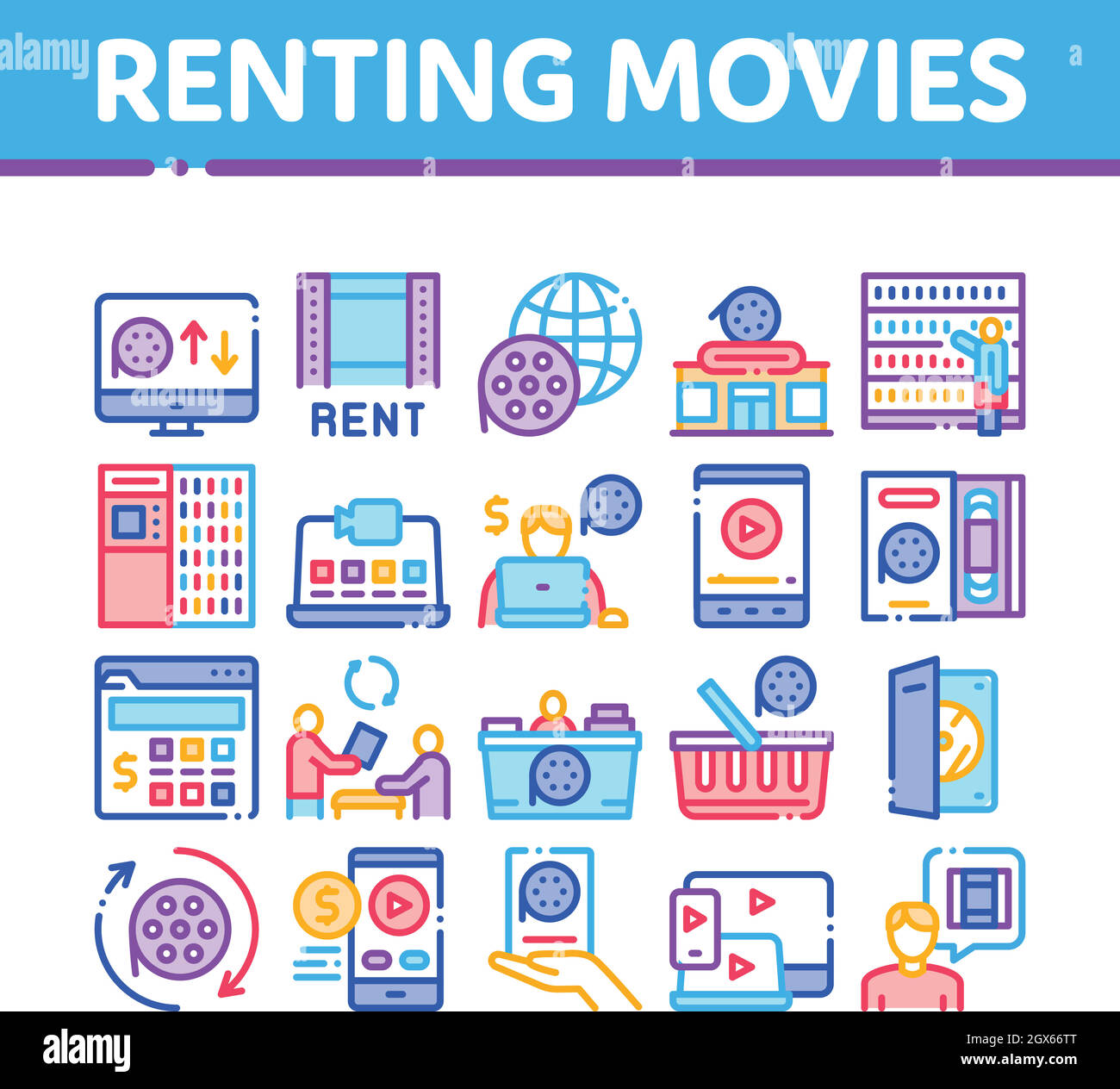 Renting Movies Service Collection Icons Set Vector Stock Vector Image ...
