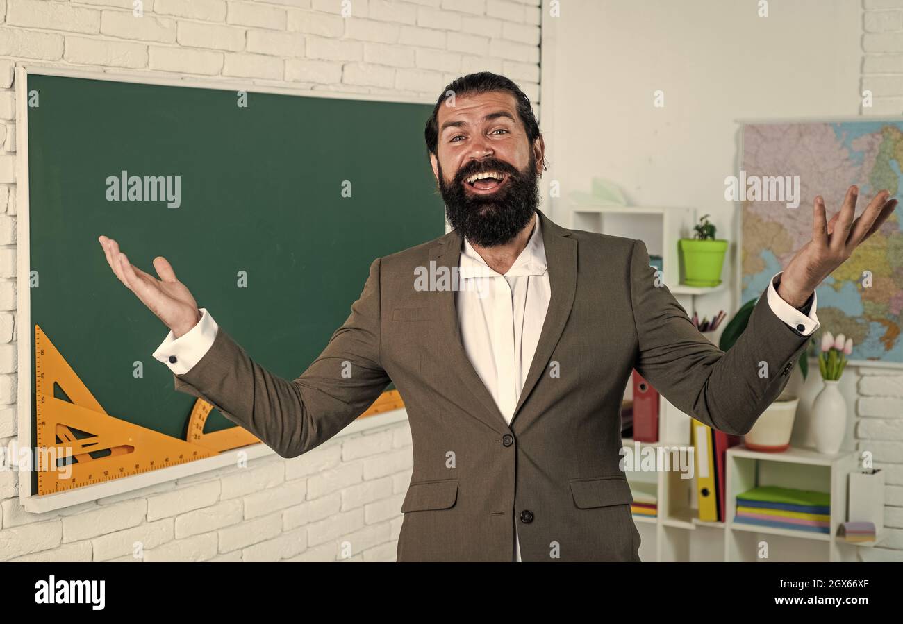 man with beard and moustache look as businessman or teacher in college ...