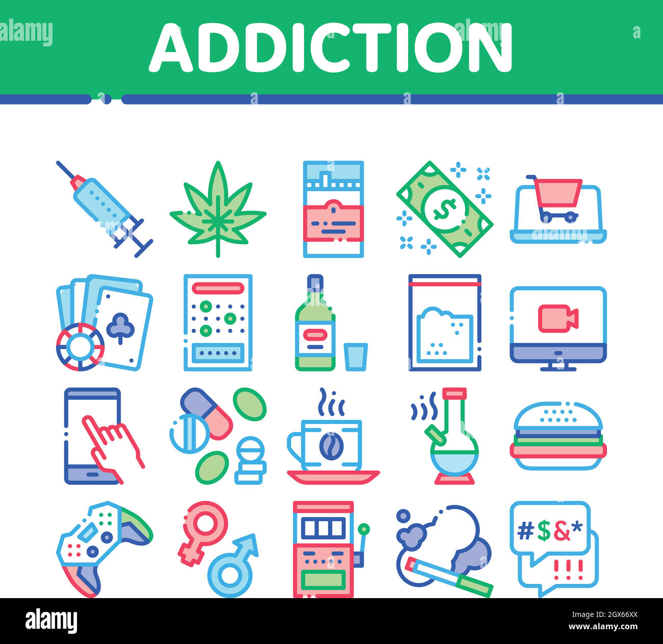 Addiction Bad Habits Collection Icons Set Vector Stock Vector Image ...