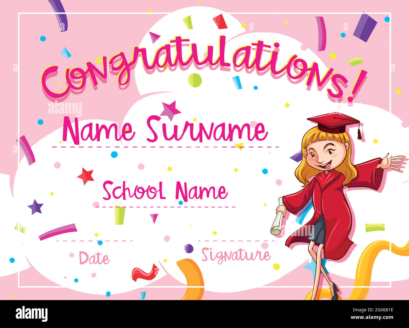 Certificate template with woman in red graduation gown Stock Vector ...