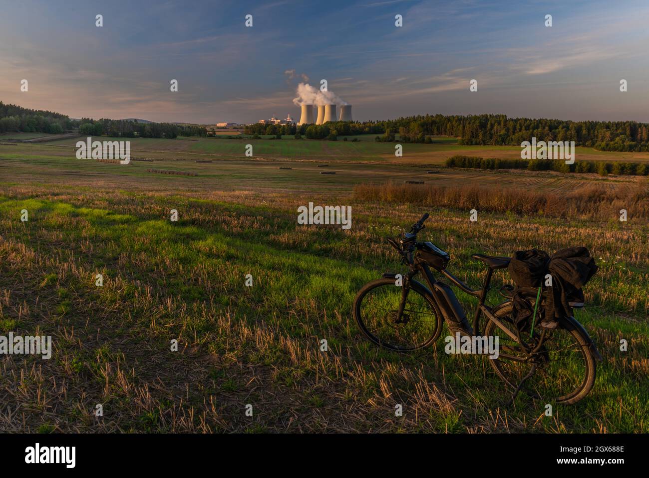 Black electric bicycle near nuclear power plant near Temelin village in ...