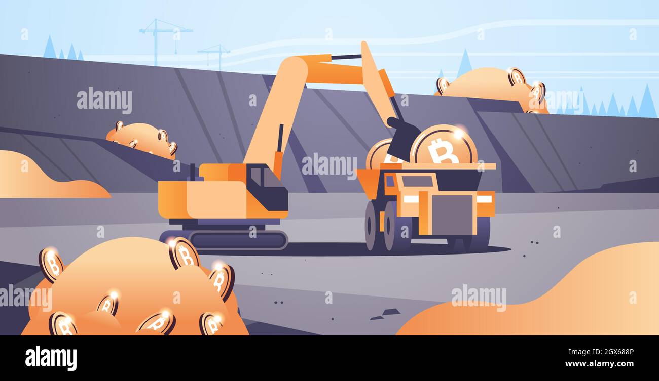 excavator loading bitcoins on heavy truck mining transport golden coin ...