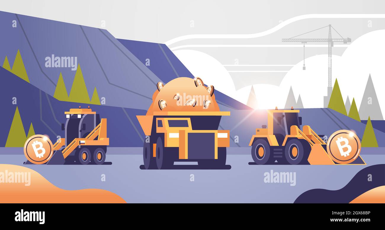 heavy trucks mining transport with bitcoins golden coin digital money production cryptocurrency ...