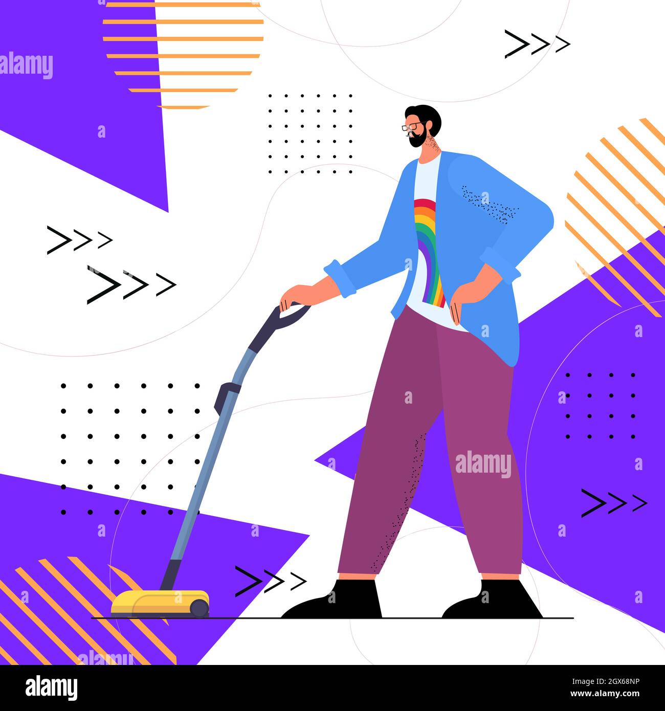 man wearing rainbow LGBT t-shirt guy vacuuming floor transgender love ...