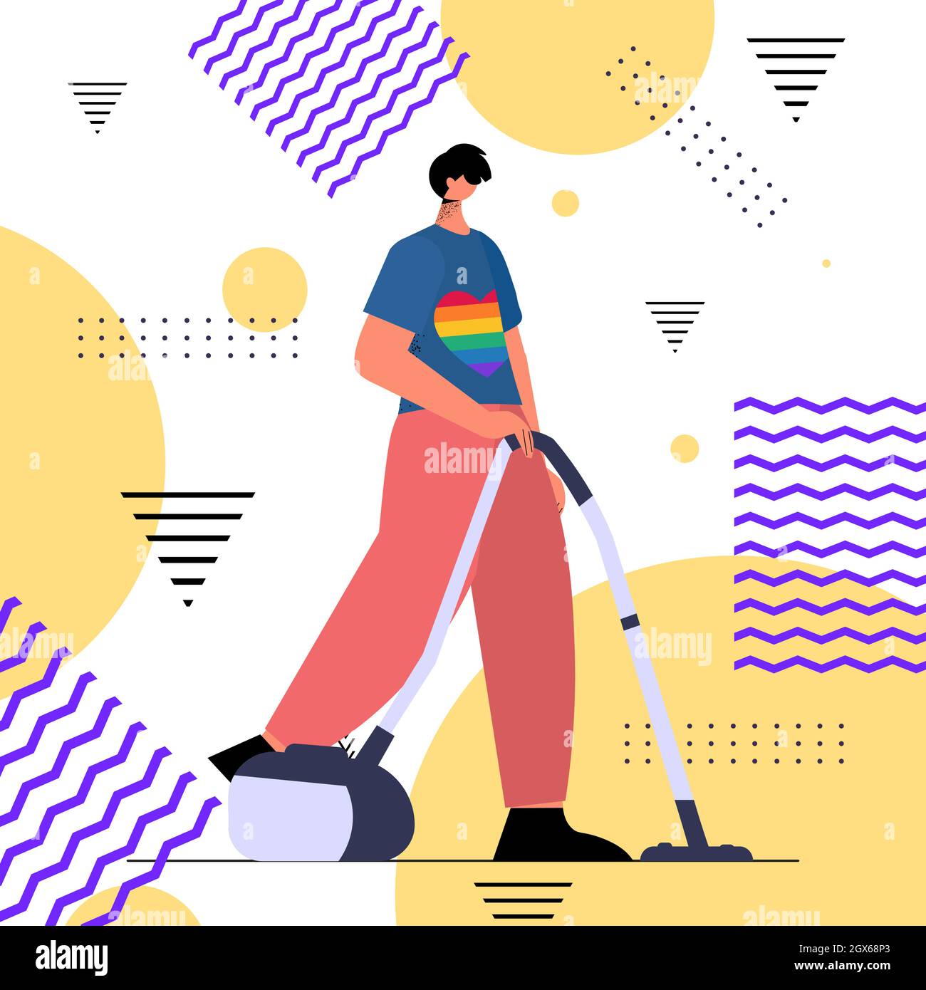 man wearing rainbow LGBT t-shirt guy vacuuming floor transgender love ...