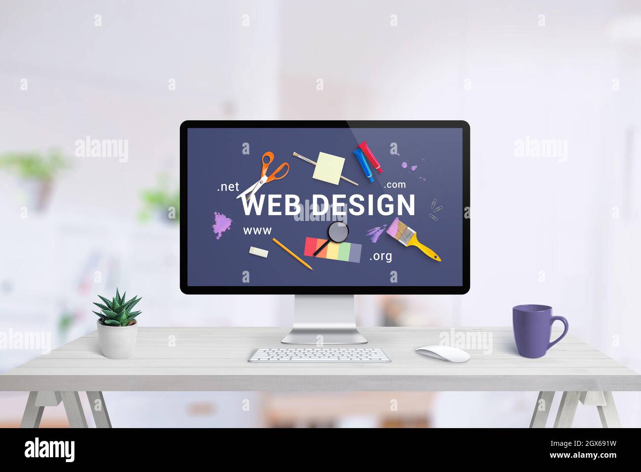 Web design studio with computer display and concept creative web design ...