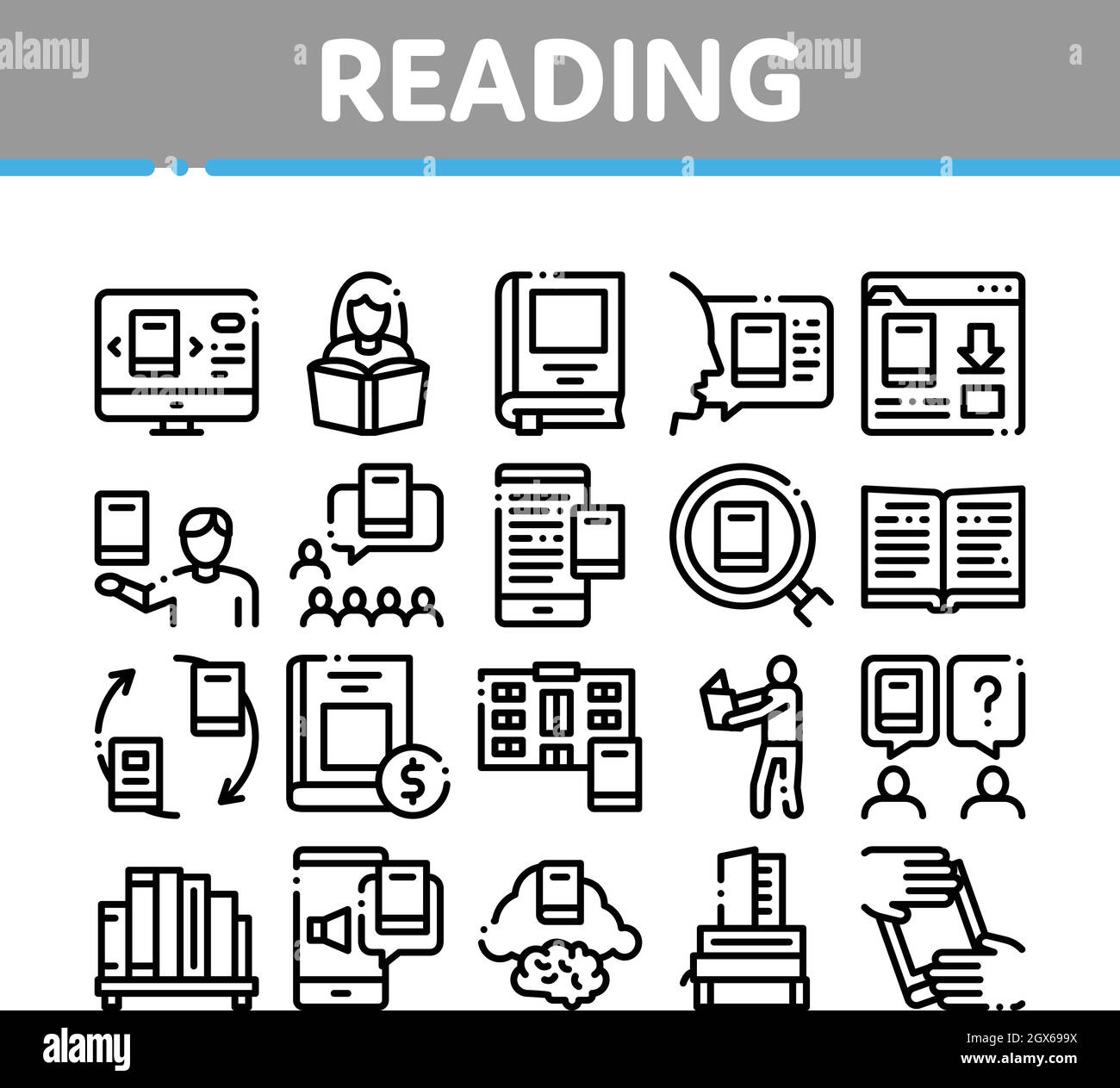 Reading Library Book Collection Icons Set Vector Stock Vector Image ...