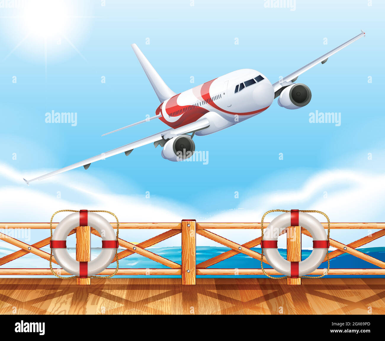 Scene with airplane flying over the bridge Stock Vector Image & Art - Alamy