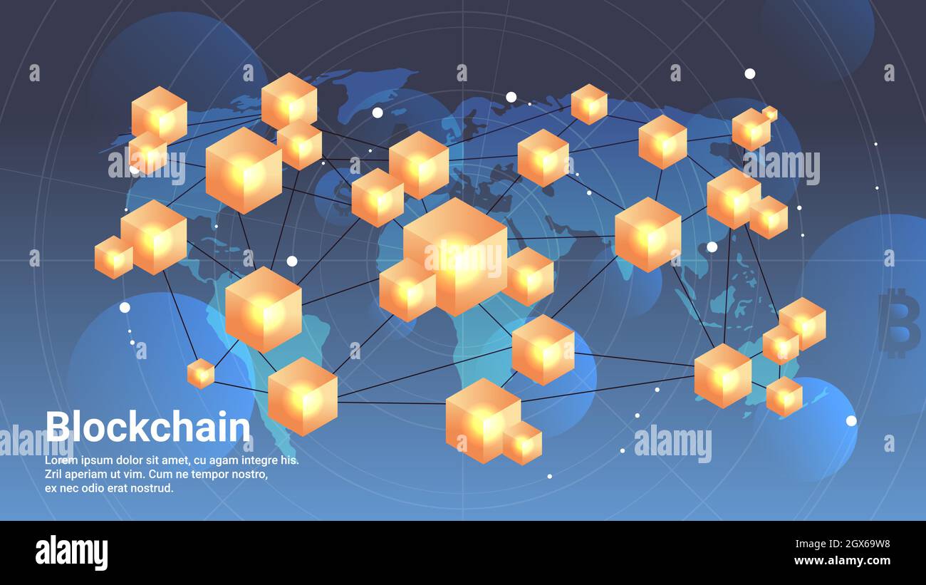 cryptocurrency blockchain technology virtual currency on world map horizontal copy space Stock ...