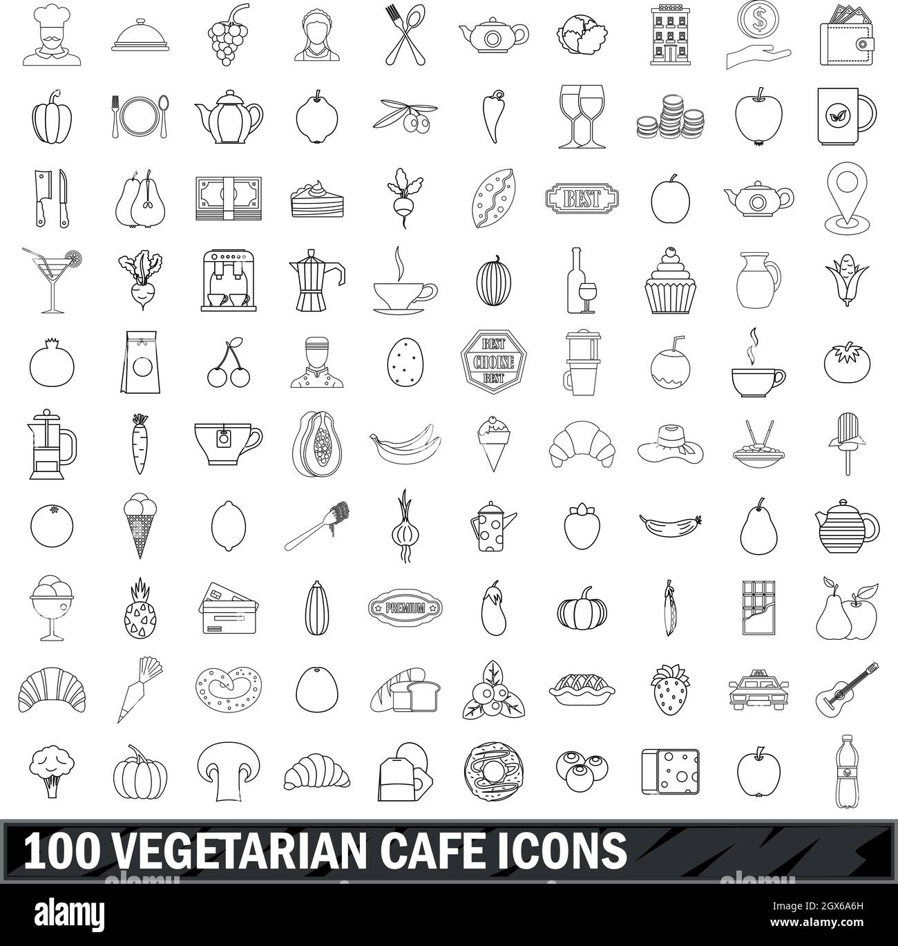 100 vegetarian cafe icons set, outline style Stock Vector Image & Art ...