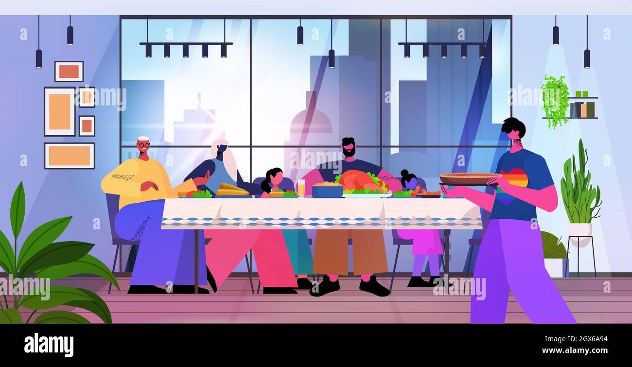 gay family with parents and little children having lunch transgender ...