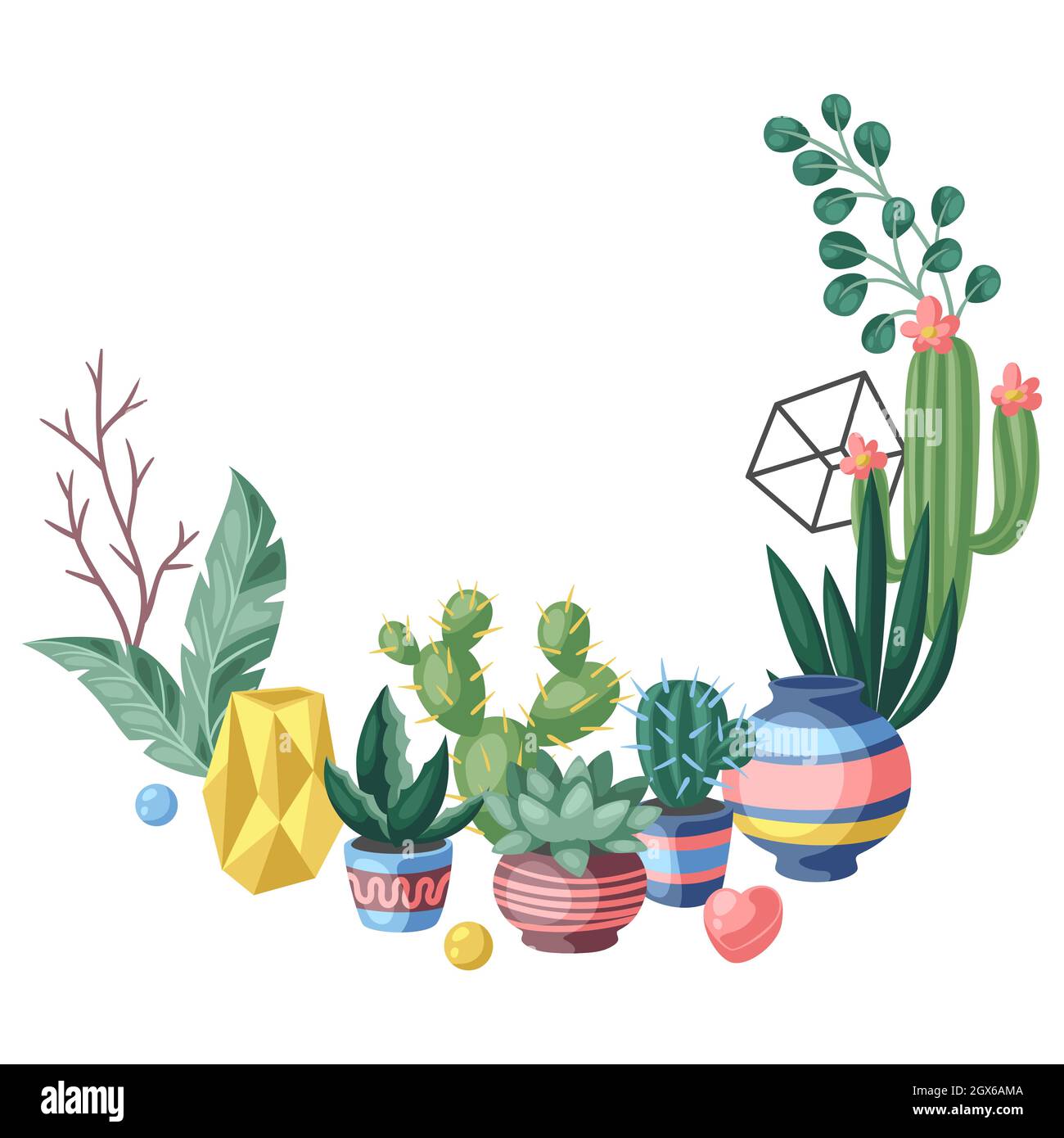 Frame with cactuses and succulents. Decorative spiky flowering cacti ...