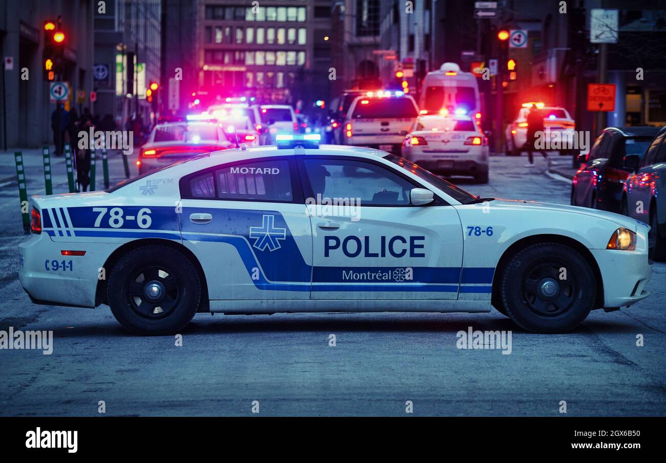 Montreal,Quebec,Canada,March 13, 2021.Police car blocking off street at ...