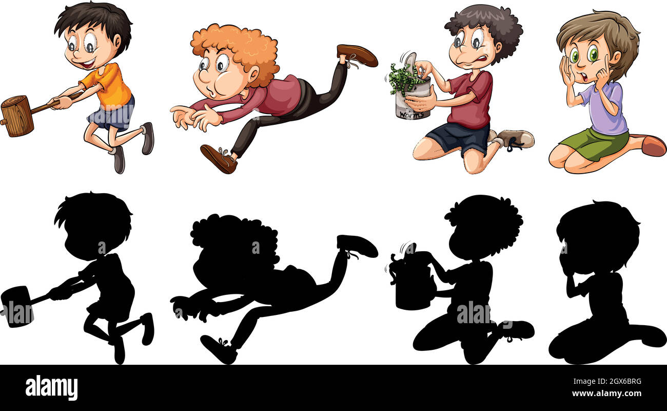 Silhouette, color and outline version of kids in fun actions Stock ...