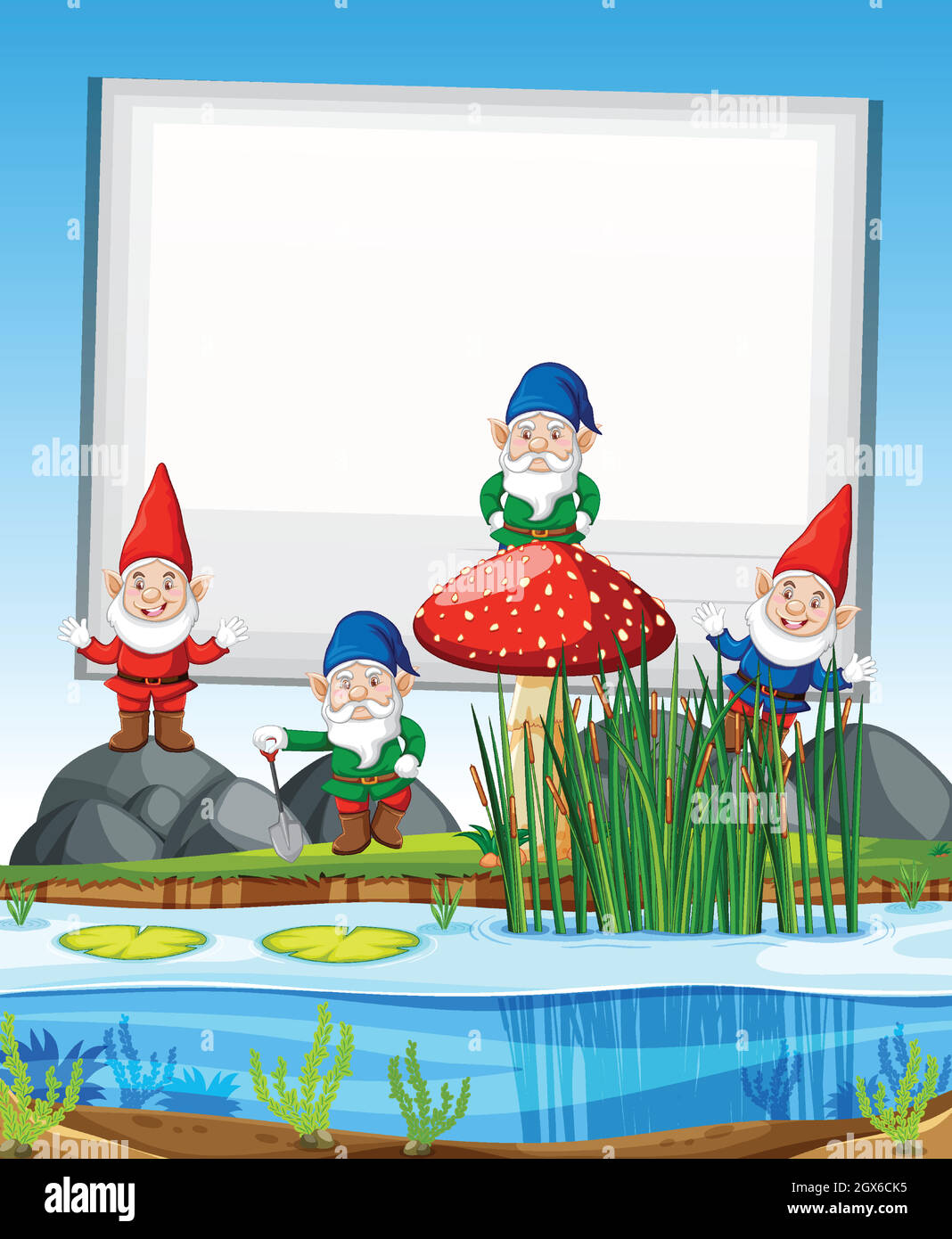 Gnomes group standing beside swamp with blank banner in cartoon style ...