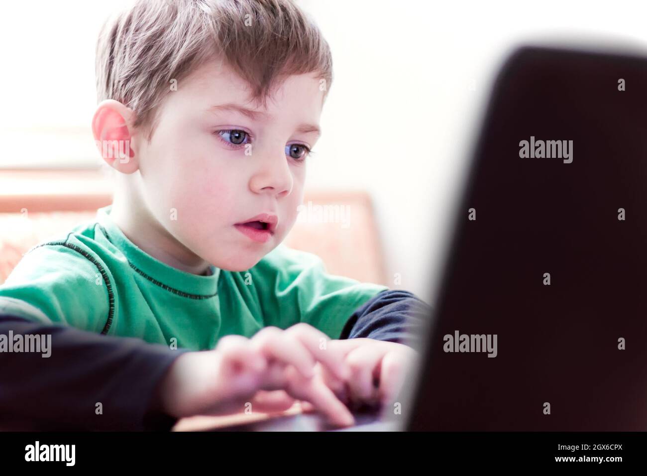 Attentive concentrated little boy typing at laptop, close-up Stock ...