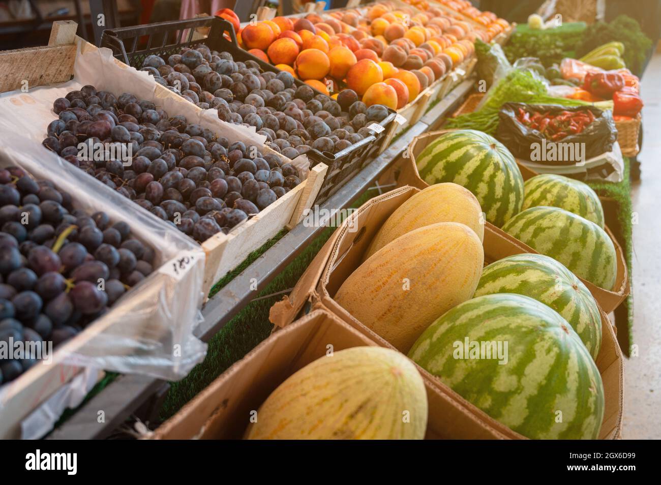 Assortment of fresh fruits and vegetables at market Stock Photo - Alamy