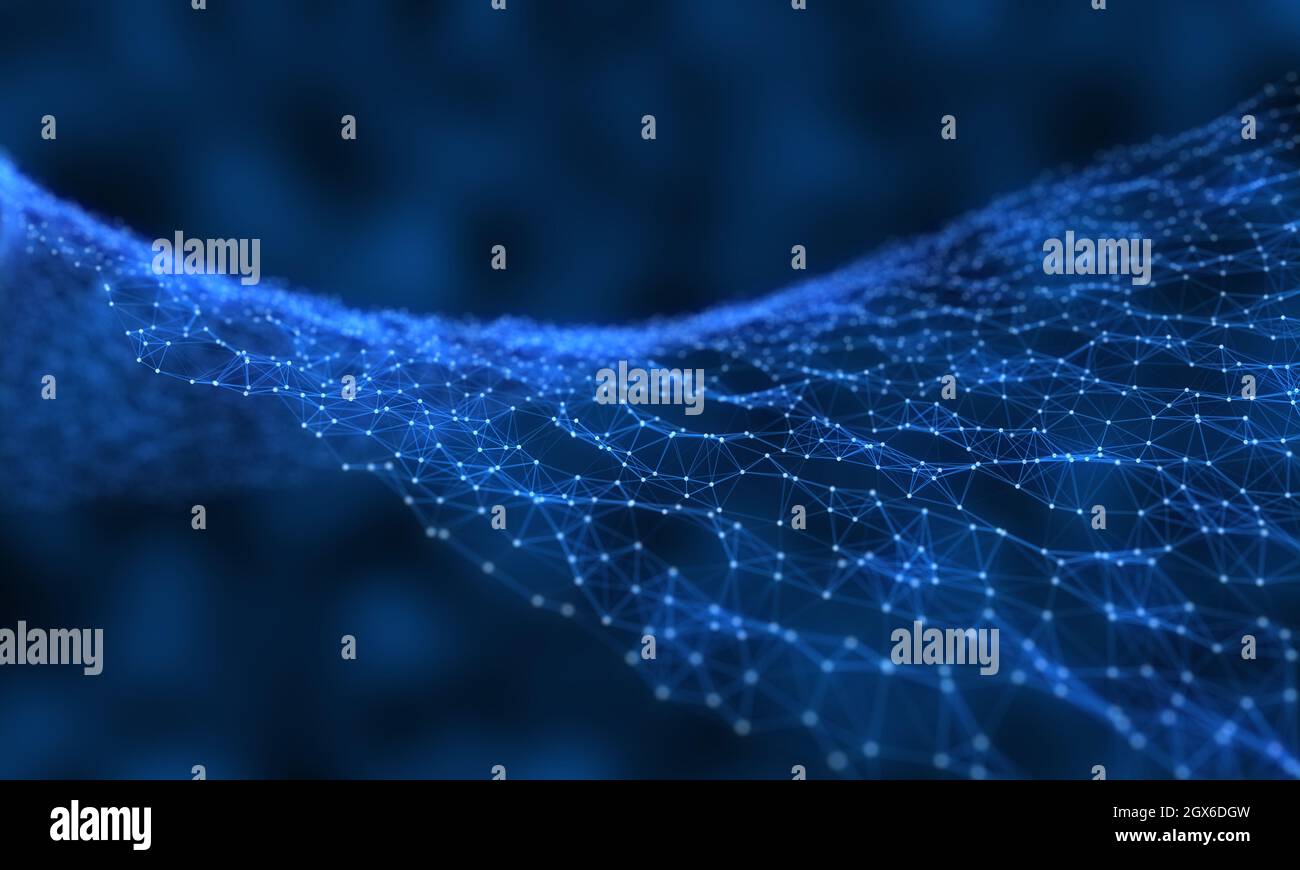 3D render of a defocused digital blue mesh of internet connections ...