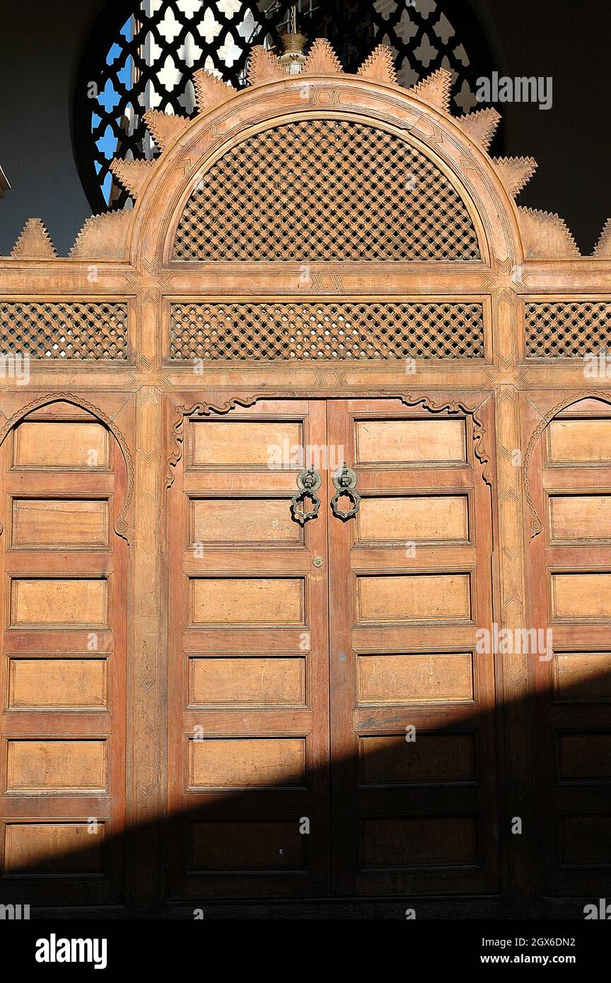 The traditional and handcrafted door of Quaraouiyine library in Fez in ...