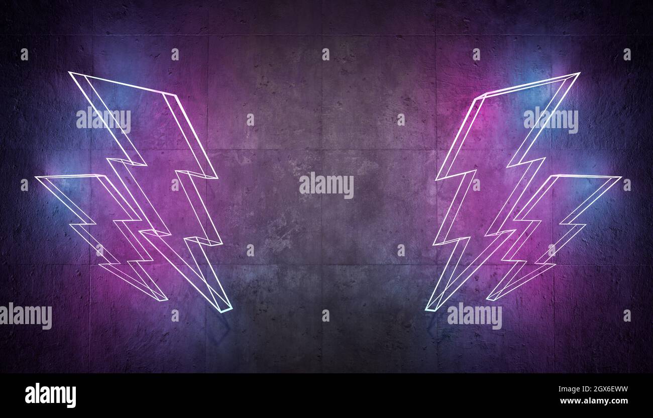 neon lightning on concrete wall with empty space in the center. 3d ...