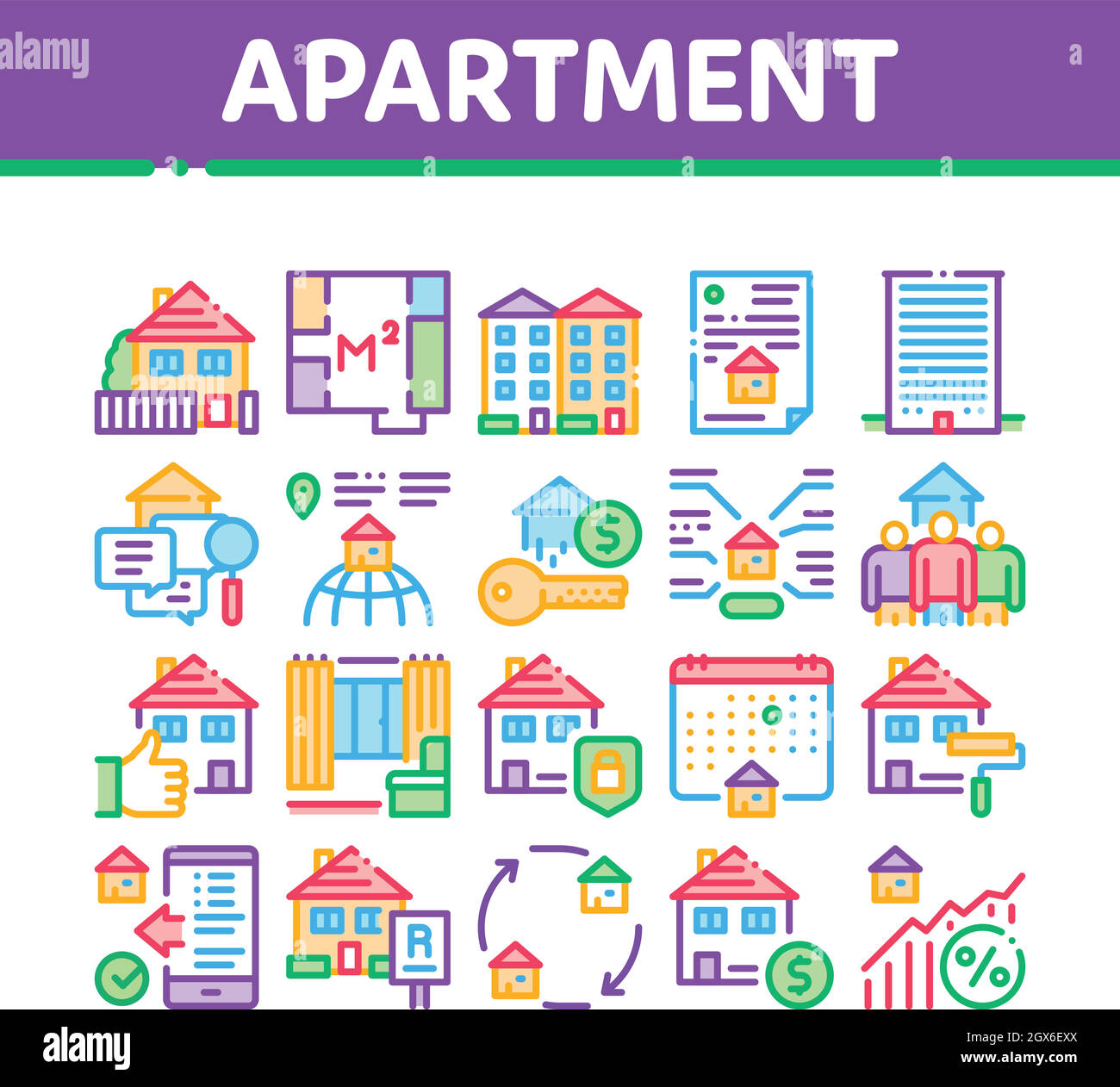 Apartment Building Collection Icons Set Vector Illustrations Stock ...