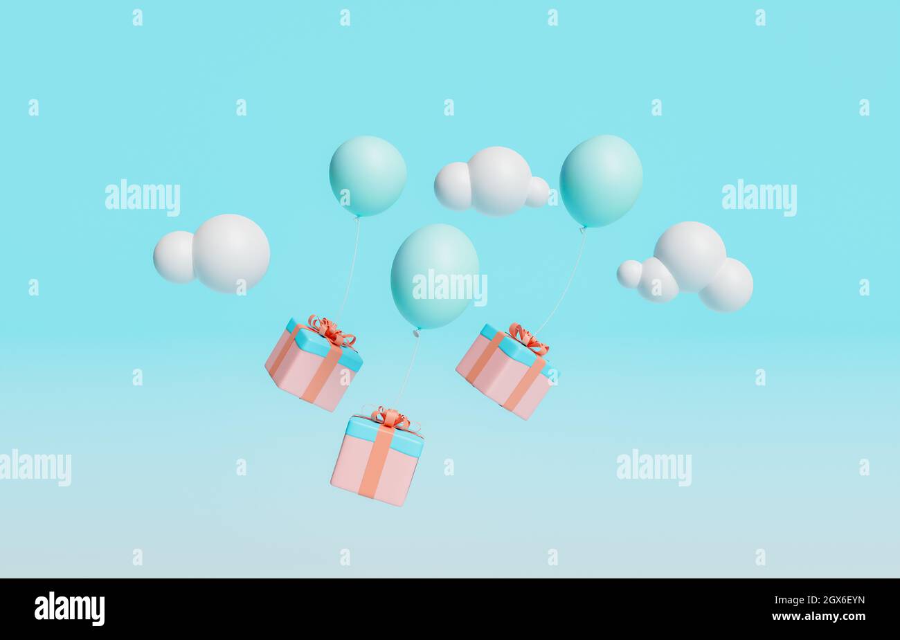 gifts flying with tied balloons and clouds around. 3d rendering Stock ...