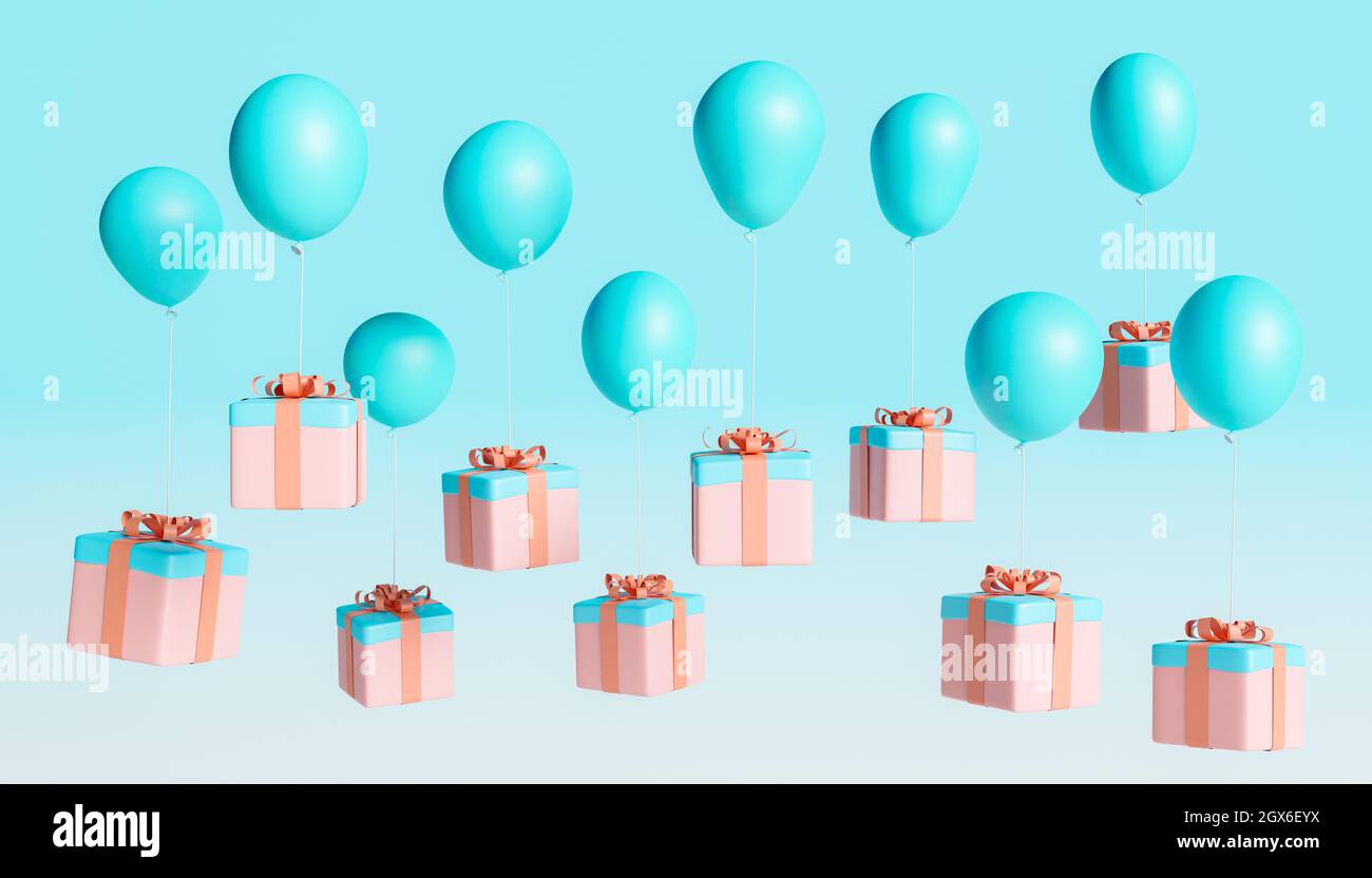 floating gifts with tied balloons on blue gradient background. 3d ...