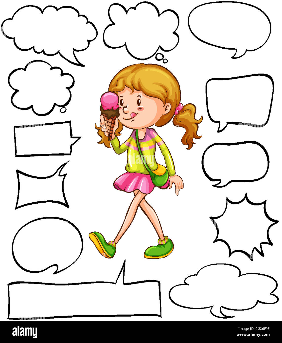 Different shapes of speech bubbles with happy girl eating icecream ...