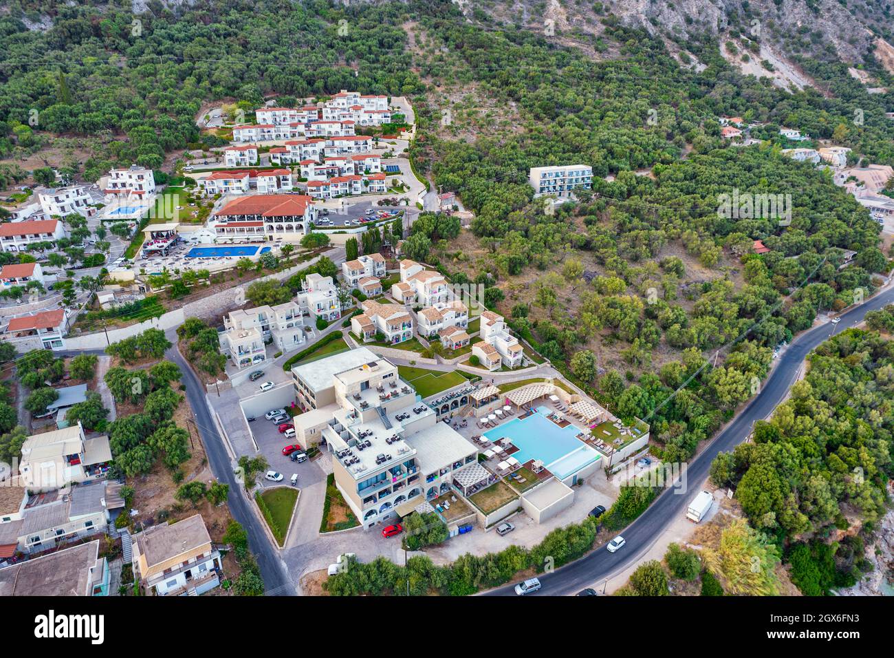 Aerial drone view over Mparmpati resort village, east of Corfu island ...