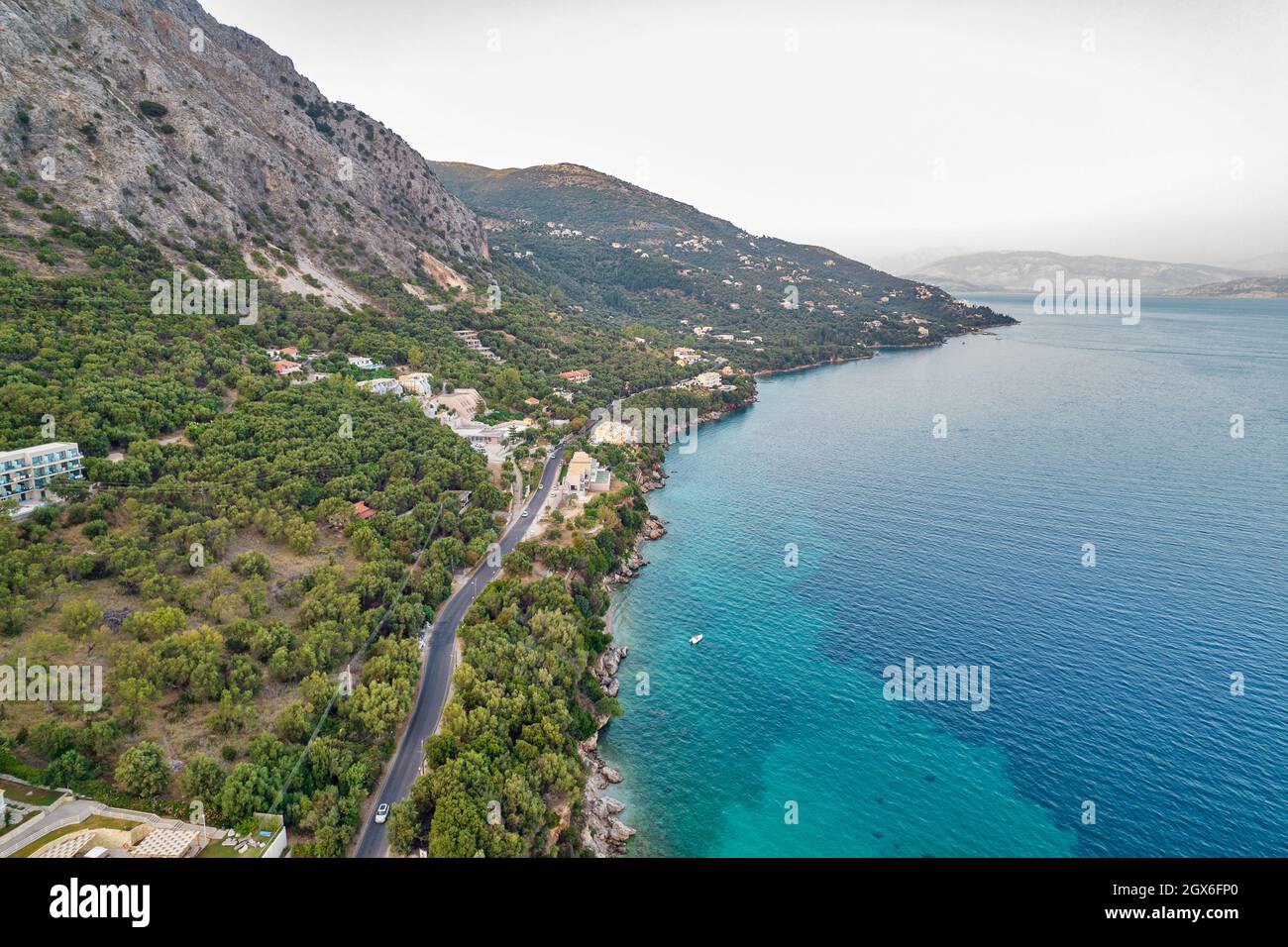 Aerial drone view over rocky coast in Mparmpati, east of Corfu island ...
