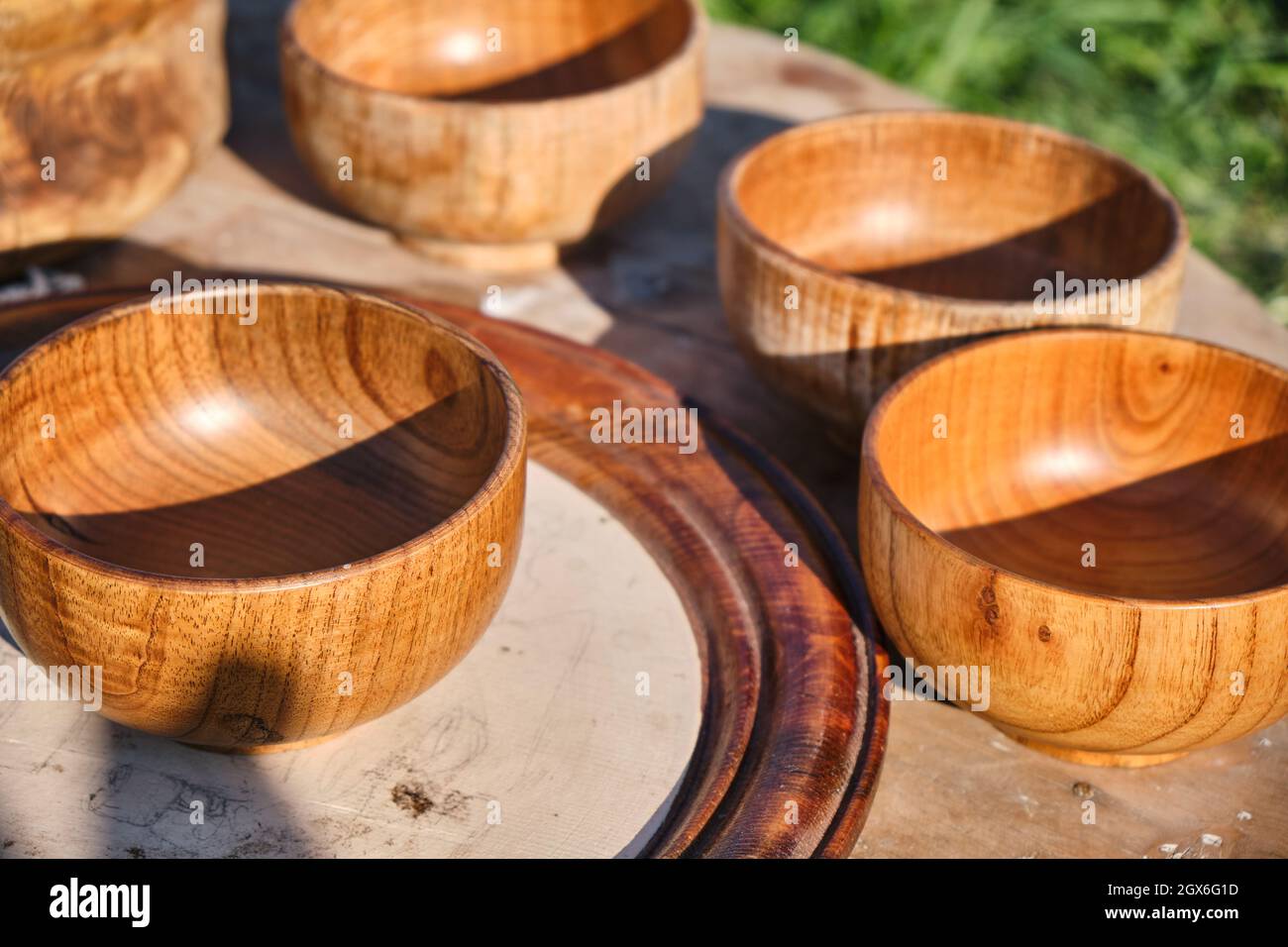 Wooden dishes on the table on the background of nature, Kazakhstan ...