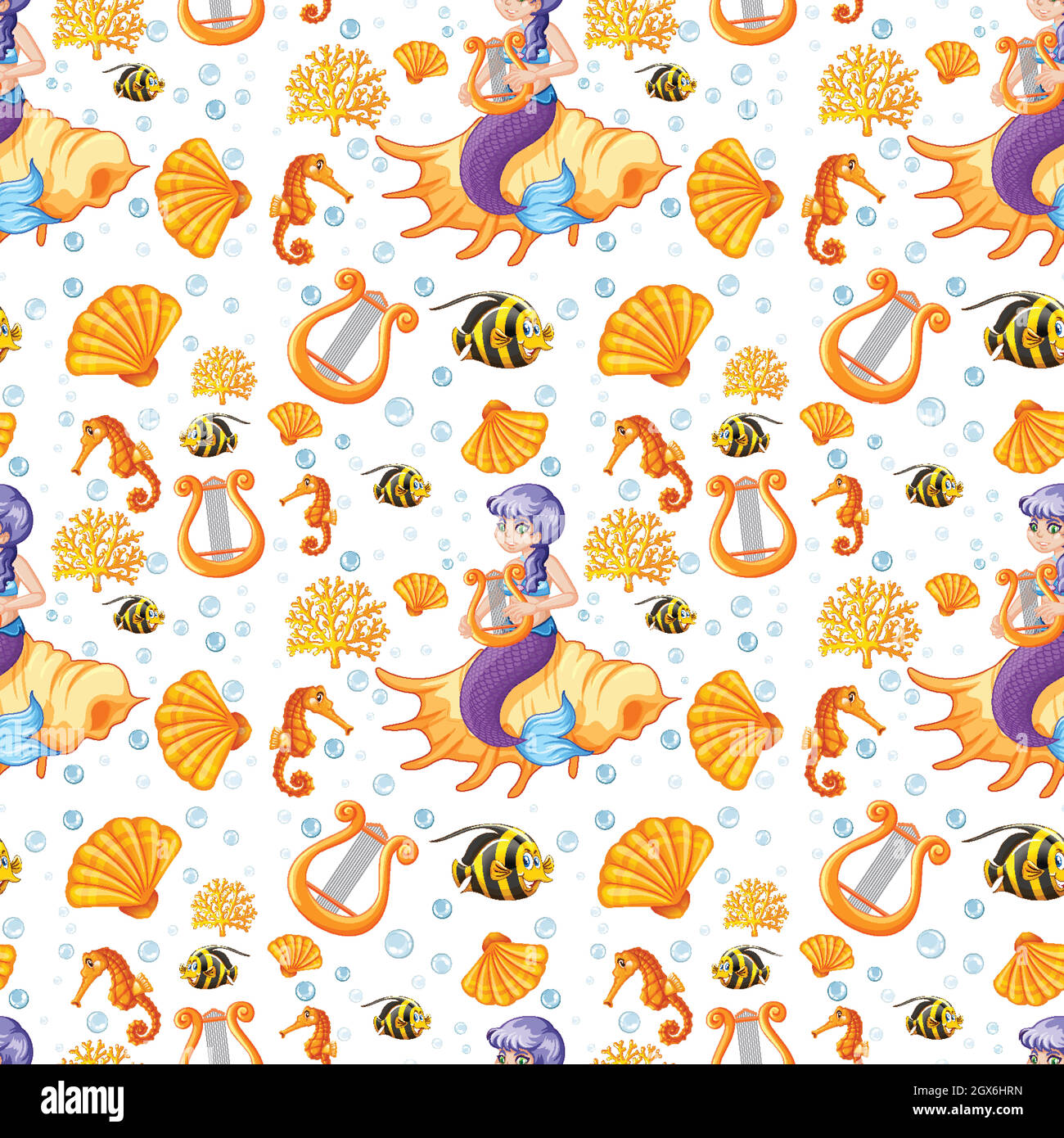 Seamless mermaid and sea animal cartoon style on white background Stock ...