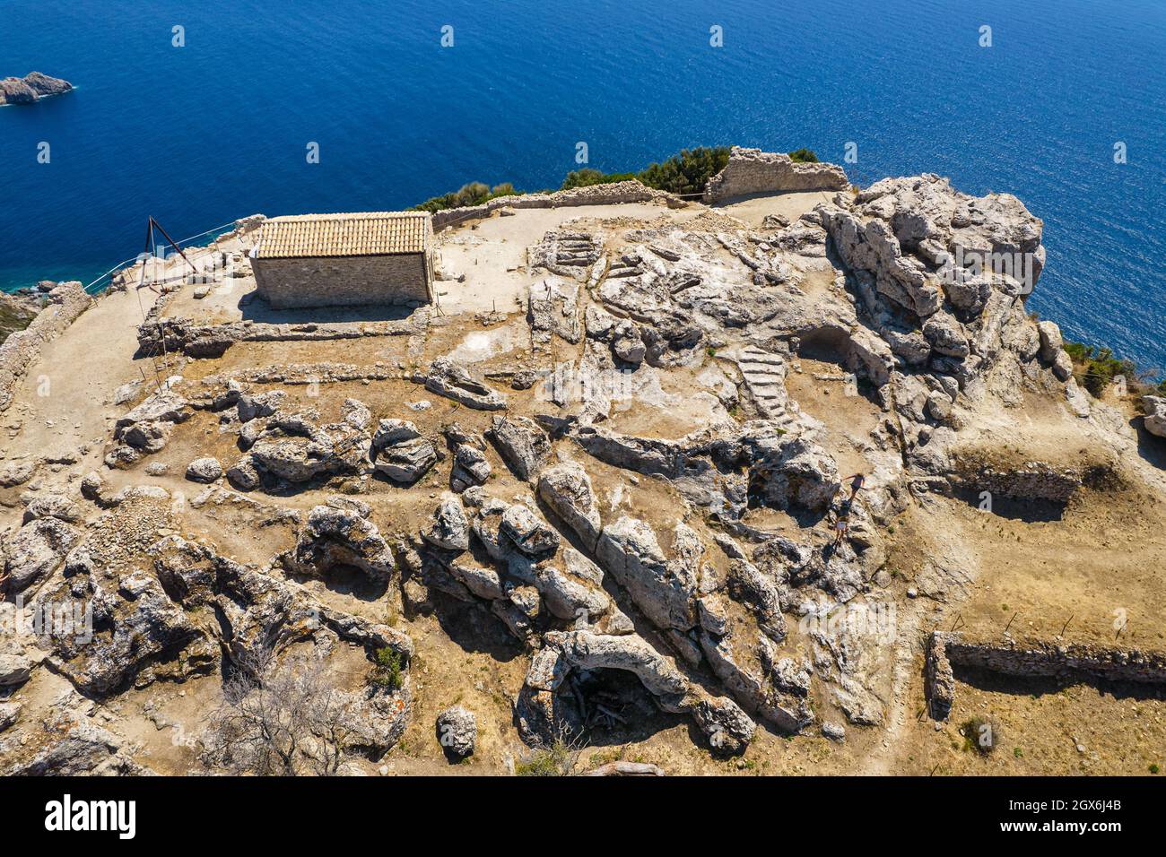 Aerial drone video of view over Angelokastro or Castle of Angels, a ...