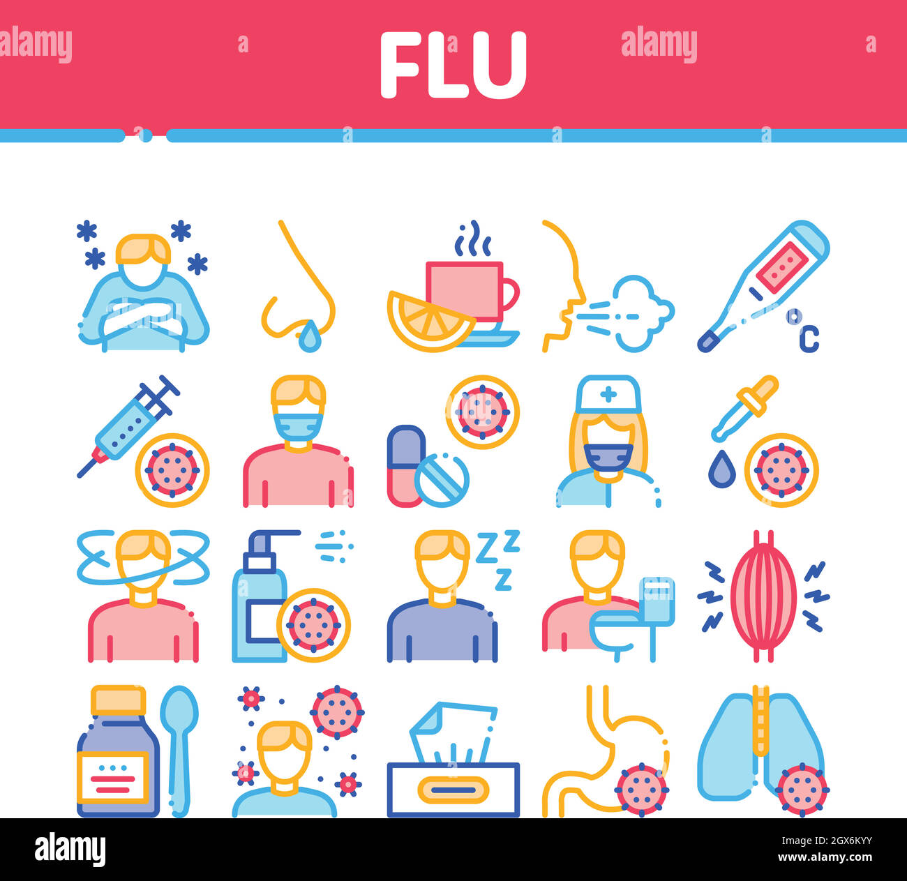 Flu Symptoms Medical Collection Icons Set Vector Stock Vector Image ...