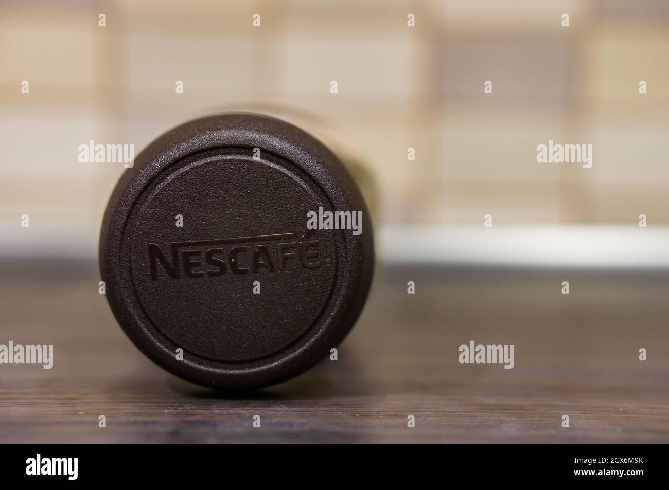 POZNAN, POLAND - Mar 08, 2018: A Nescafe coffee brand logo on a jar ...