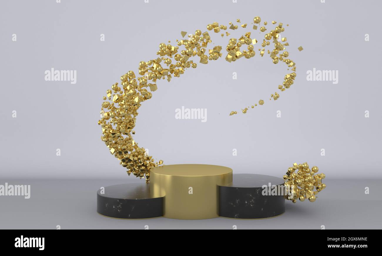 3D render of black marble and gold podiums or pedestals with golden ...