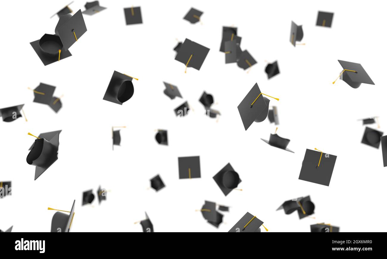 3D render of floating graduation caps on a white background Stock Photo ...