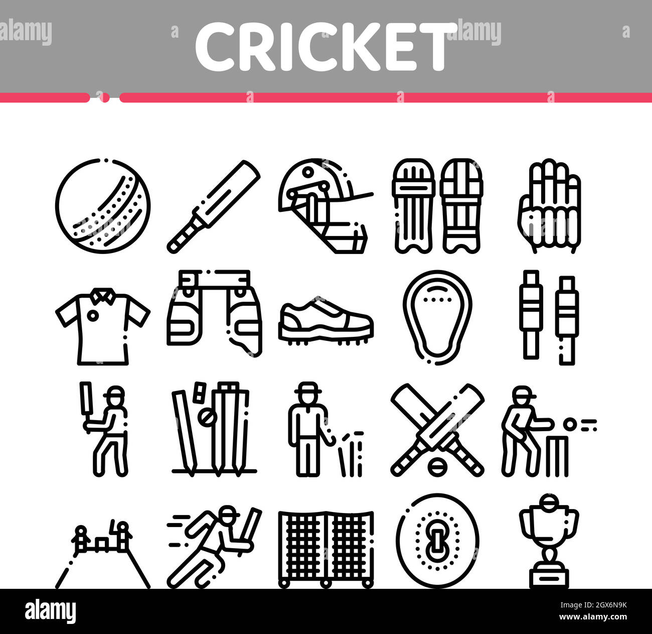Cricket Game Collection Elements Icons Set Vector Stock Vector Image ...