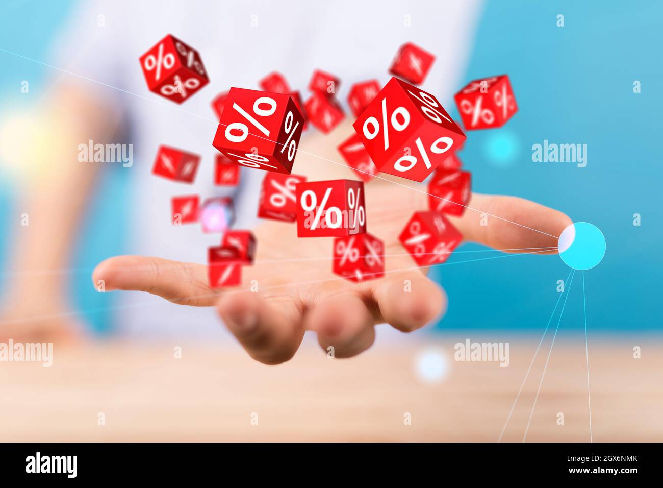 Hologram of percent symbols on a man's palm - discount, rate, load ...