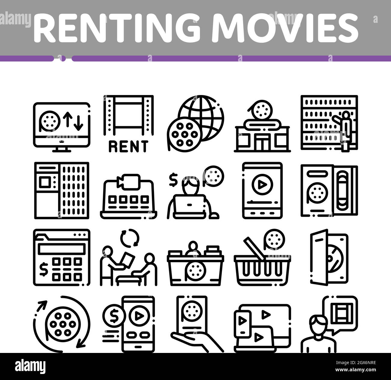 Renting Movies Service Collection Icons Set Vector Stock Vector Image ...