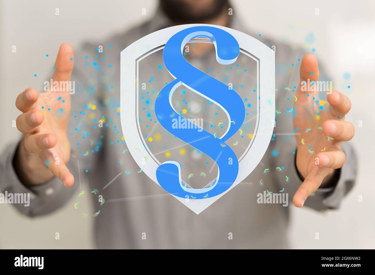 Hologram of a silcrow symbol between a man's palms - concept of online ...