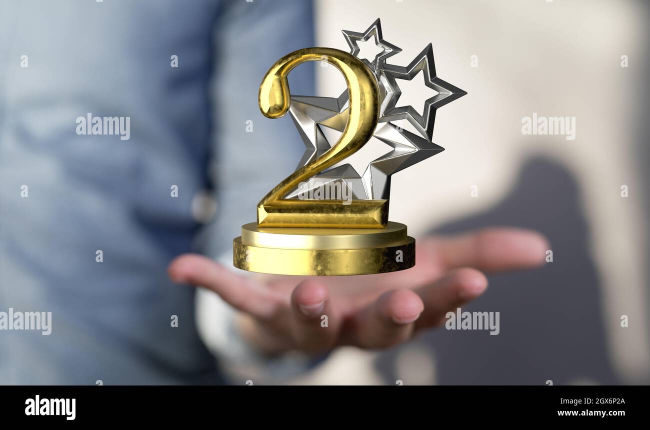 3D rendering of a number two trophy on a man's palm Stock Photo - Alamy