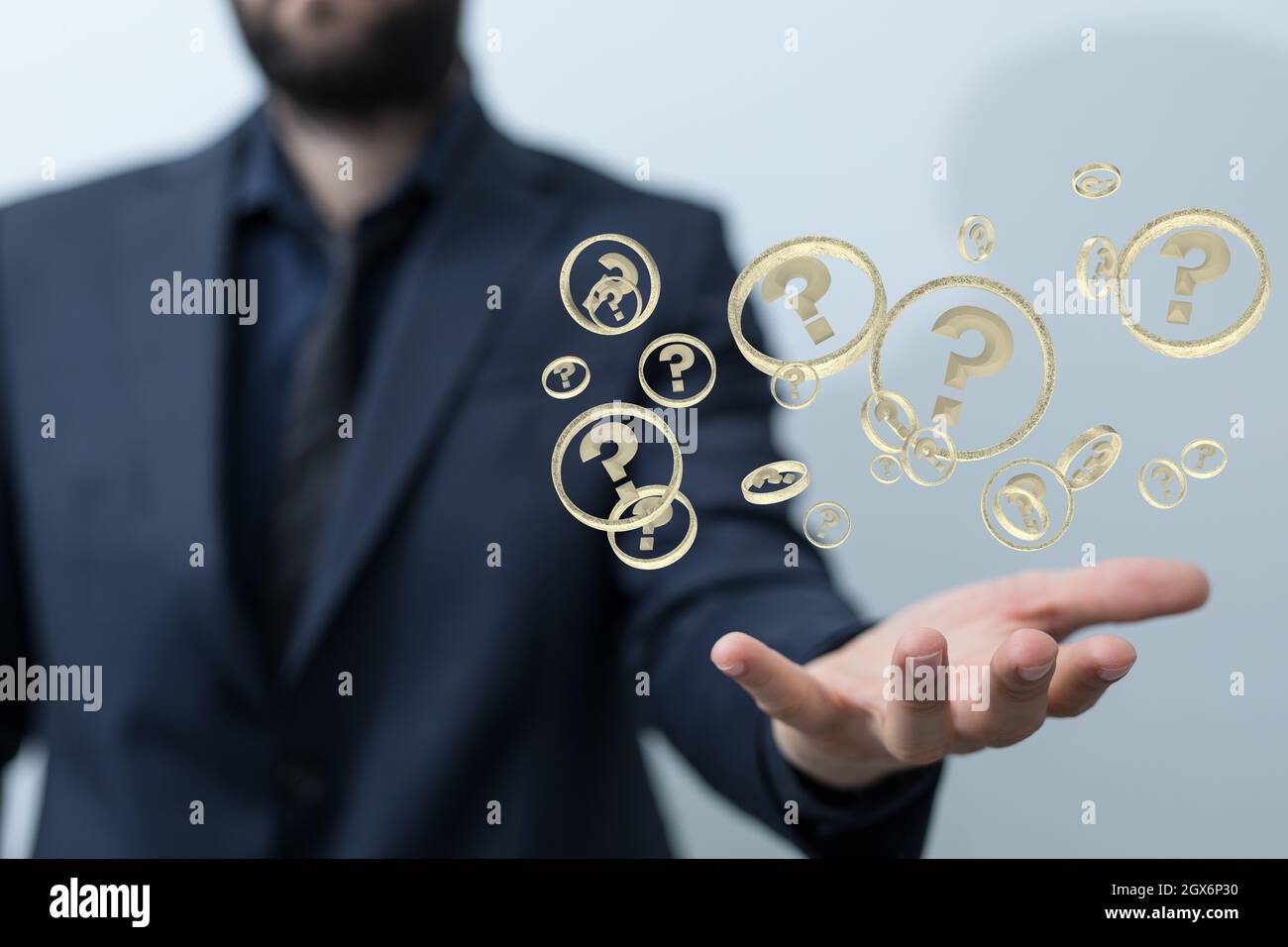 3D rendering of question marks on a businessman's hand - a problem ...