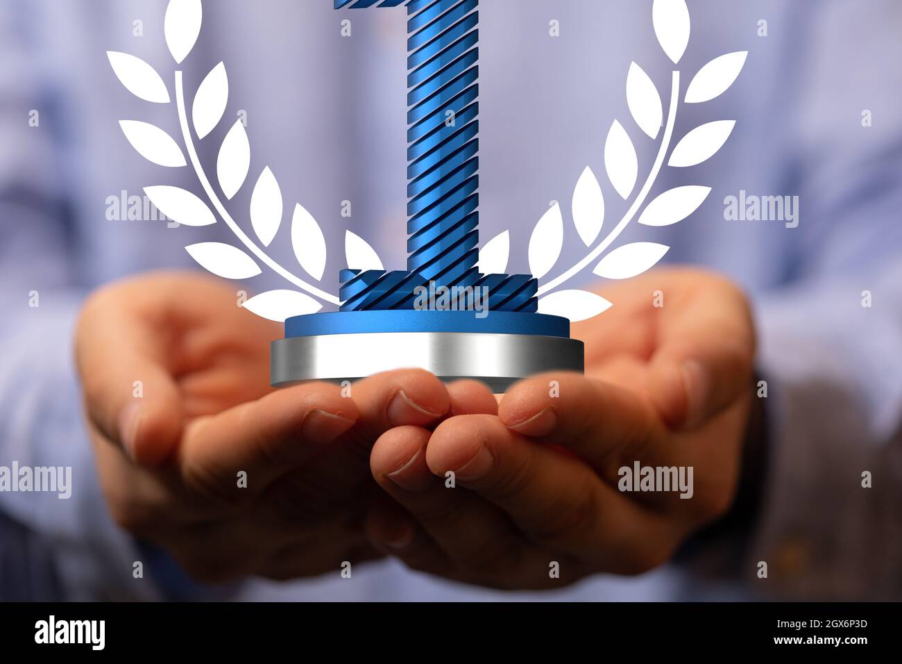 A 3D rendering of a number one trophy on a man's palms Stock Photo - Alamy