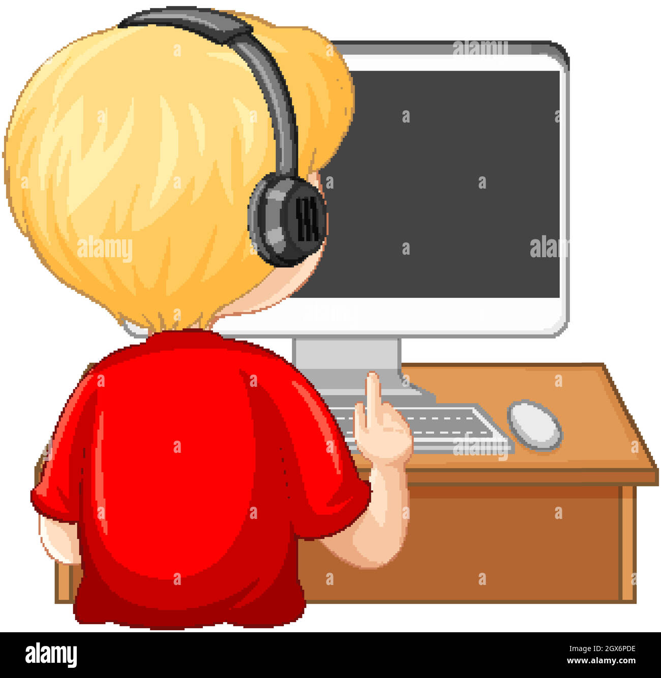 Back view of a boy with computer on the table on white background Stock ...